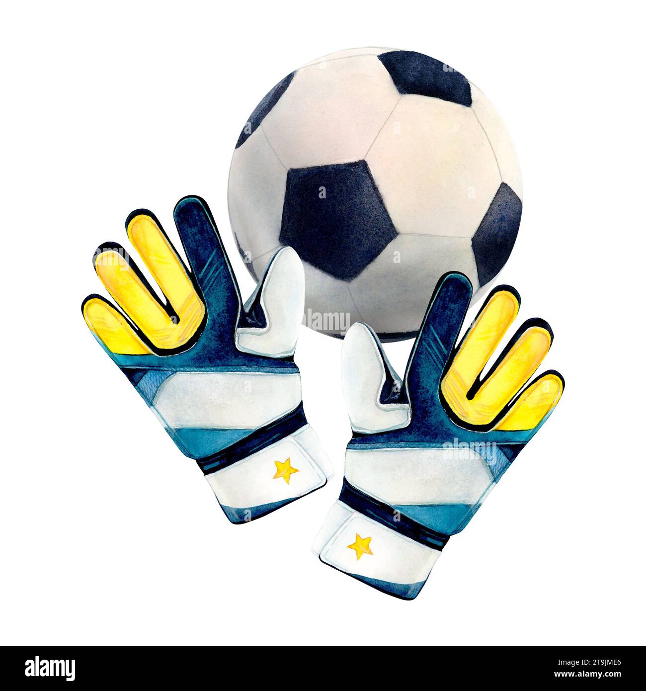 Soccer football ball goalkeeper gloves watercolor drawing. Player gear ...