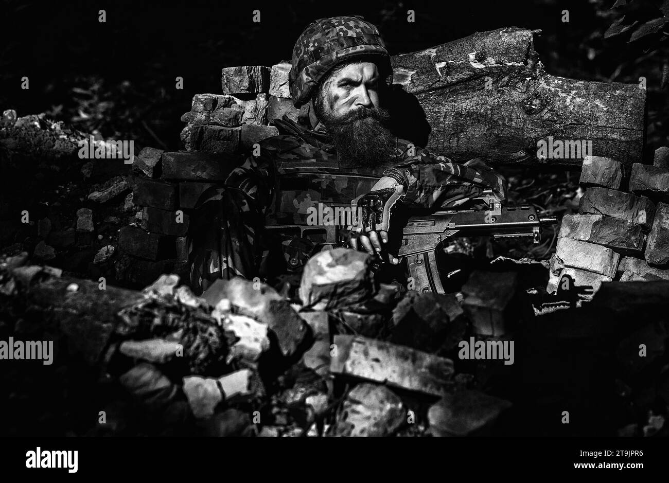 Military operation. Shooting with assault rifle and machine gun ...