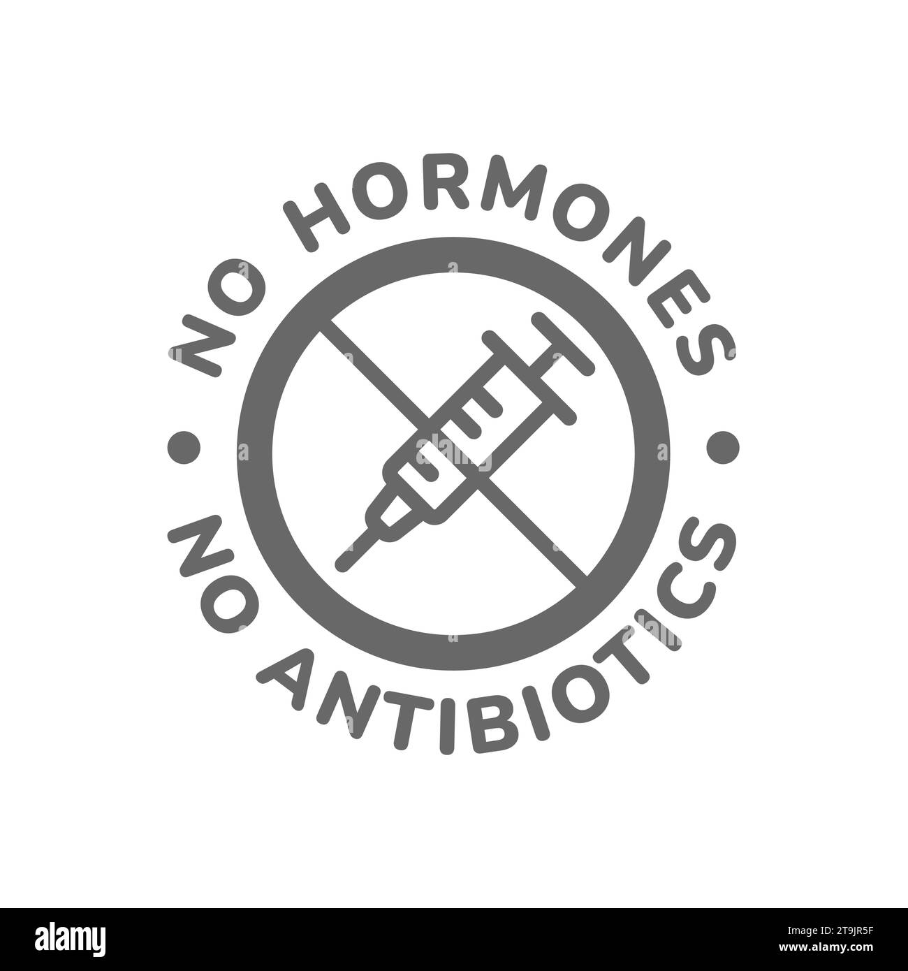No hormones vector label. No antibiotics added circle with syringe ...