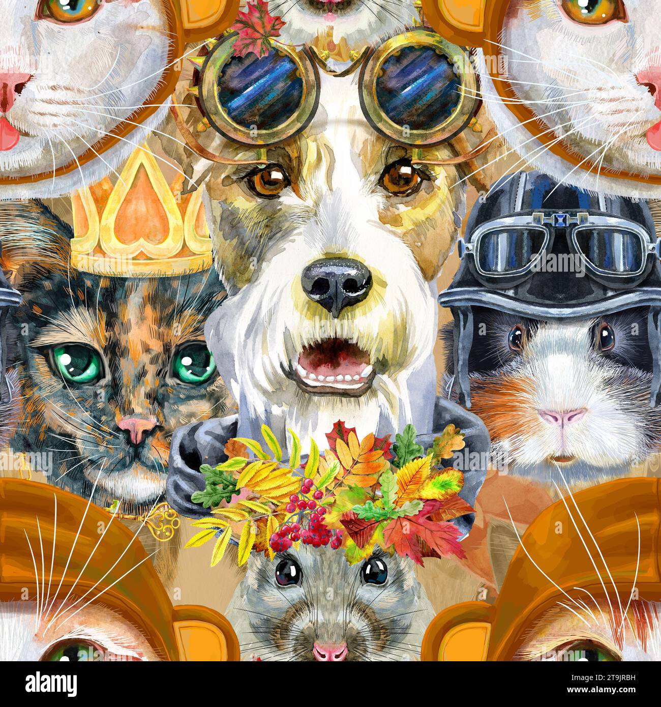 Seamless pets pattern. Hand painted watercolor drawing, isolate clip ...