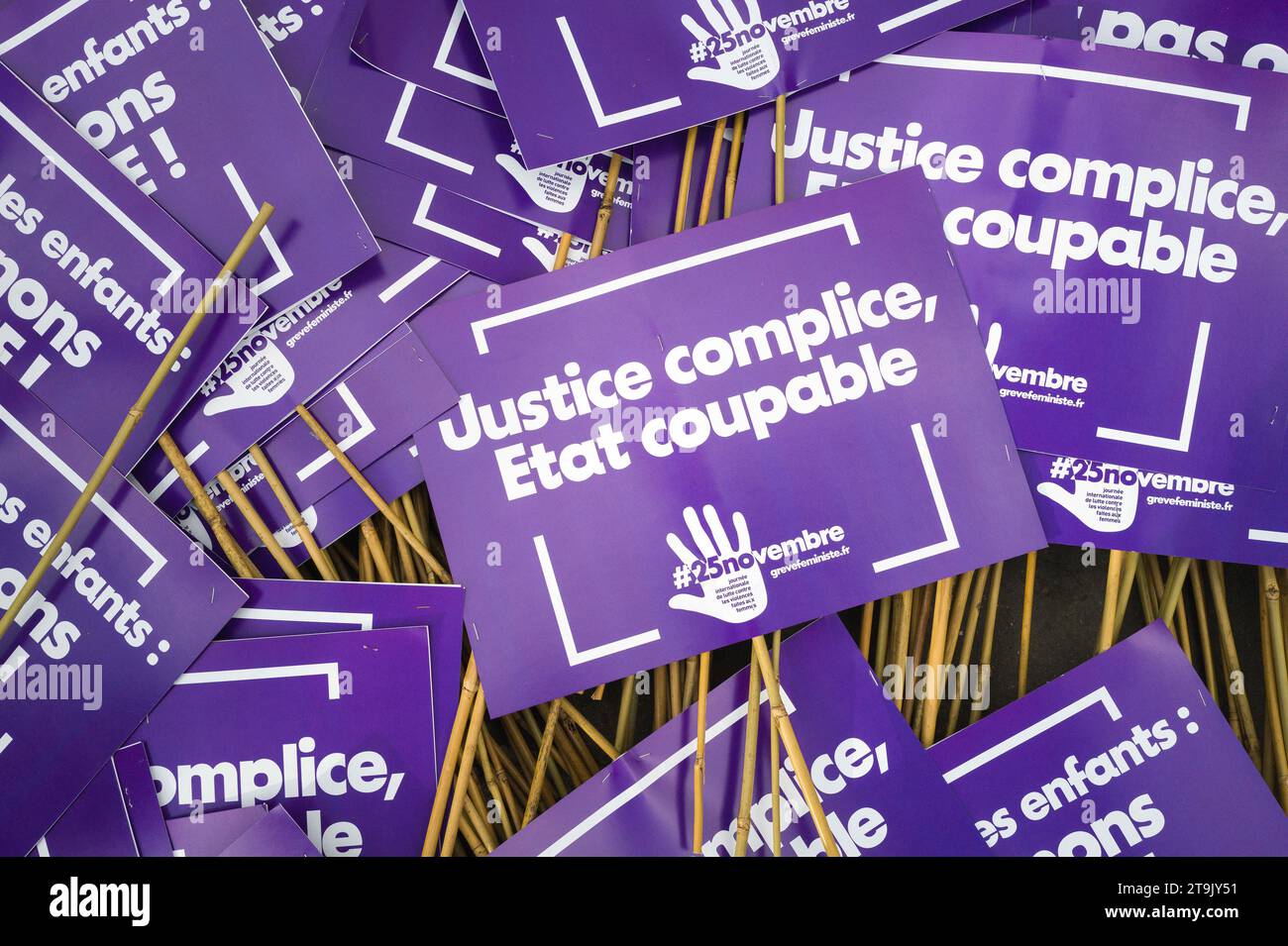 Paris, France. 25th Nov, 2022. Placards, Justice complicit, State ...