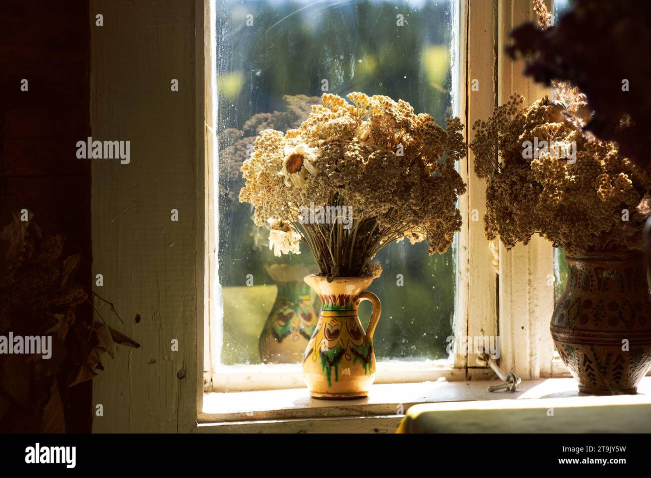 Dry flowers in an old vase stand in an old house on the window during ...