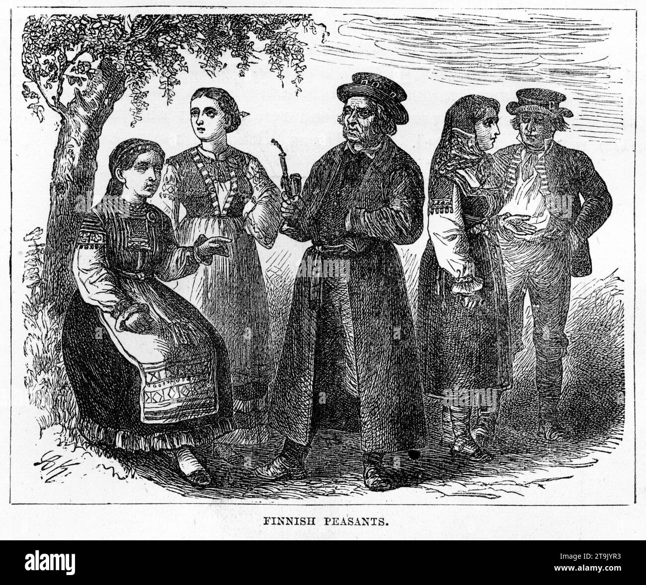 Engraved portrait of Finnish peasant men and women in traditional ...
