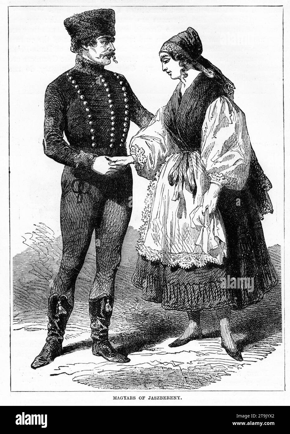 Engraved portrait of Magyars of Jaszbereny in traditional costumes ...