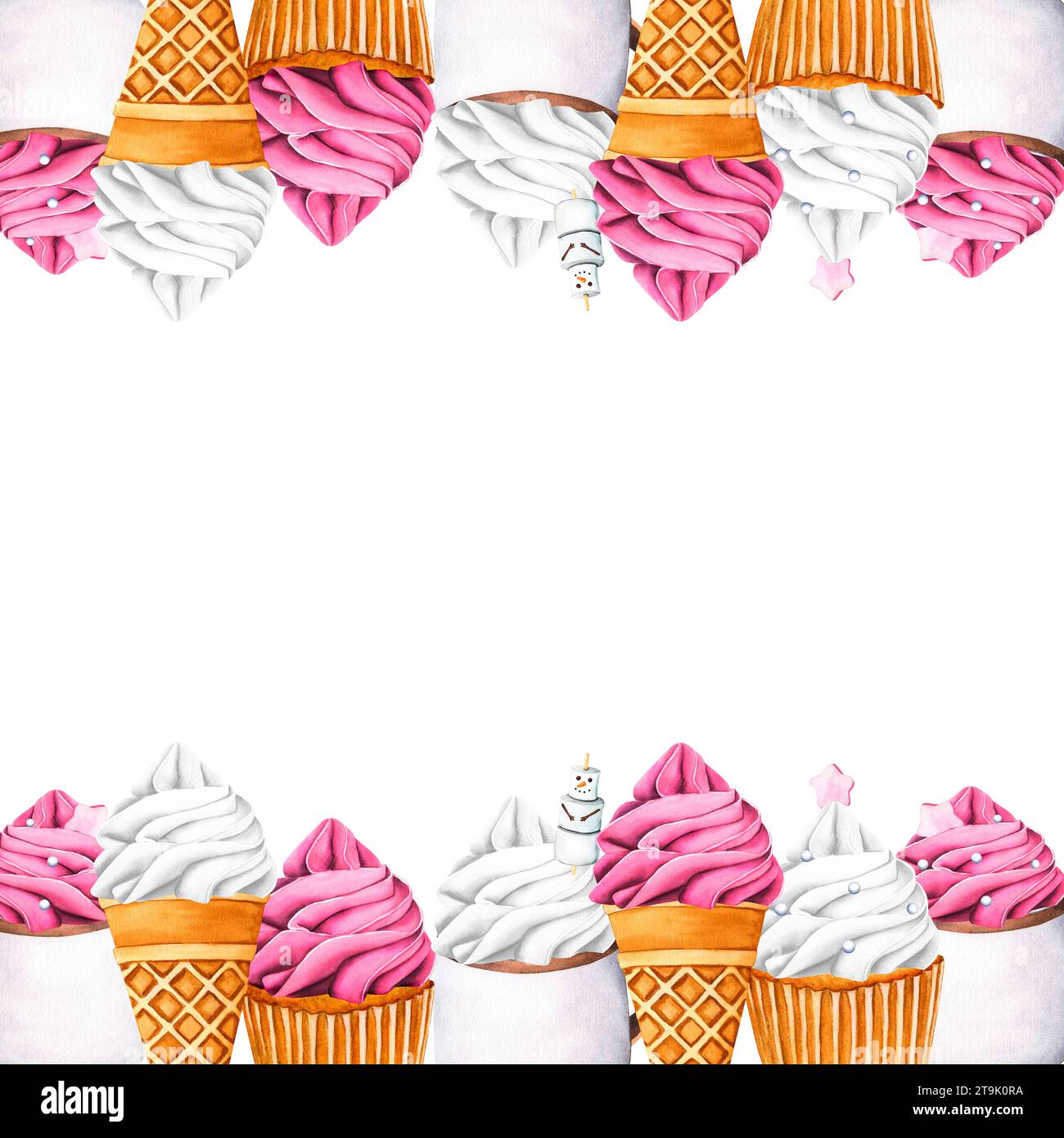 Frame. Sweet dessert ice creams, cupcake with pink berry cream and ...