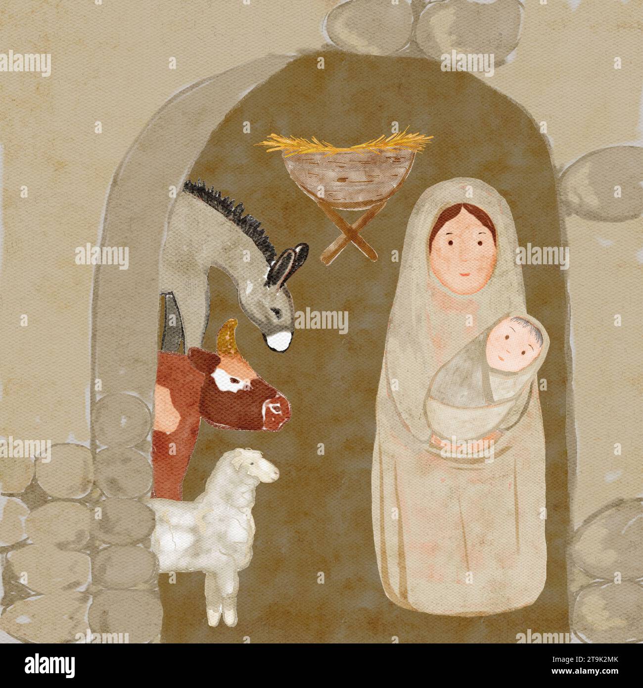 Hand painted watercolor card with manger, Mary, barn, animals Stock ...