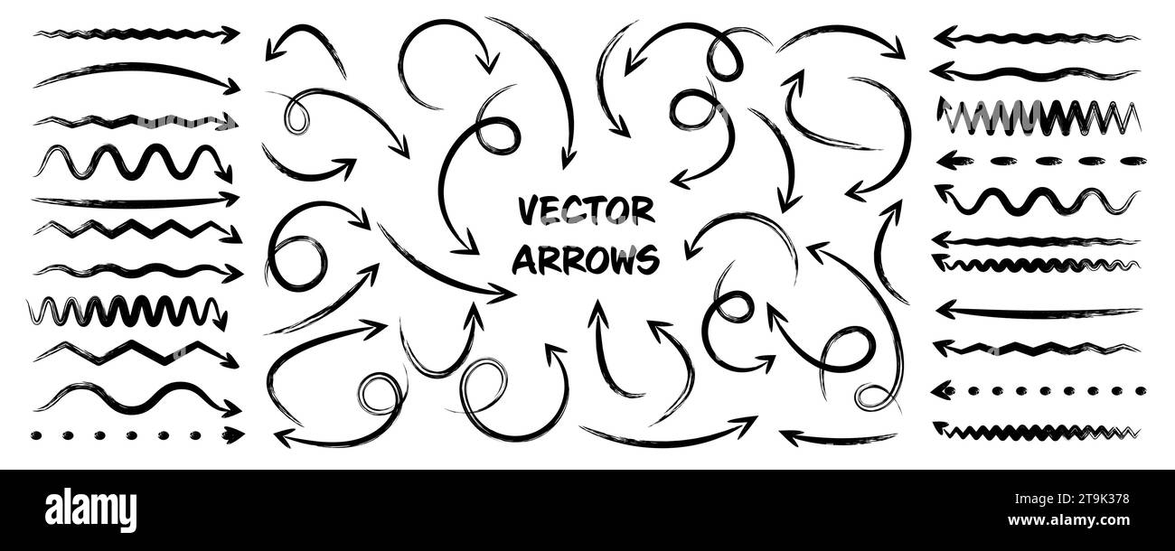 Grunge hand drawn arrows, highlighter lines. Marker stroke, brush pen ...