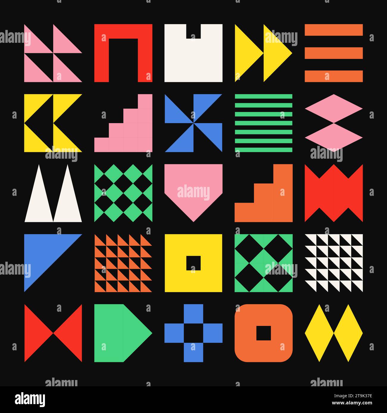 Brutalist geometric shapes, colorful symbols. Simple primitive elements and forms. Bauhaus retro ...