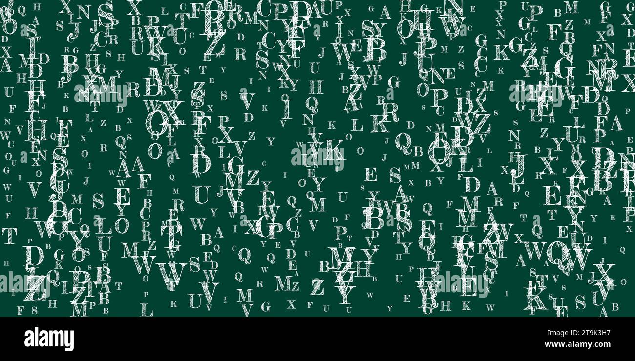 Flying latin letters. White chalk scattered charachters of English ...