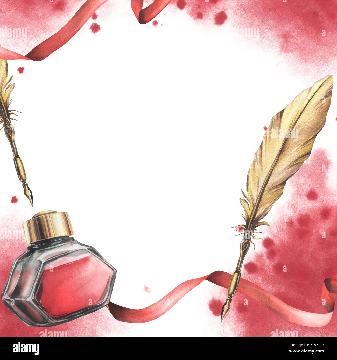 For Valentine's Day, a template with a ink, feather pen, ribbons ...