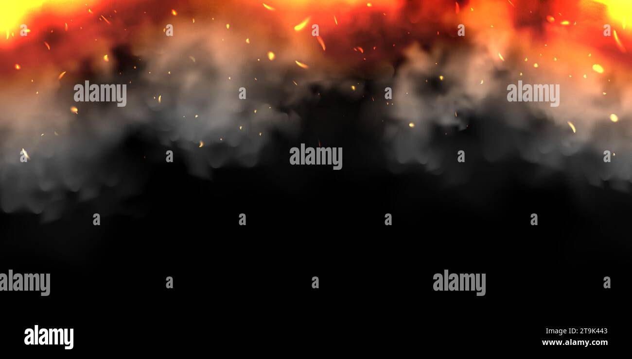Realistic smoke clouds and fire on black background. Flame blast ...