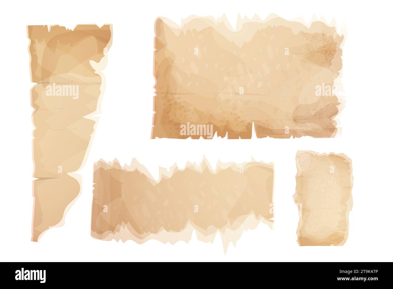 Set parchment paper, torn pieces, old sheets in cartoon style, textured ...