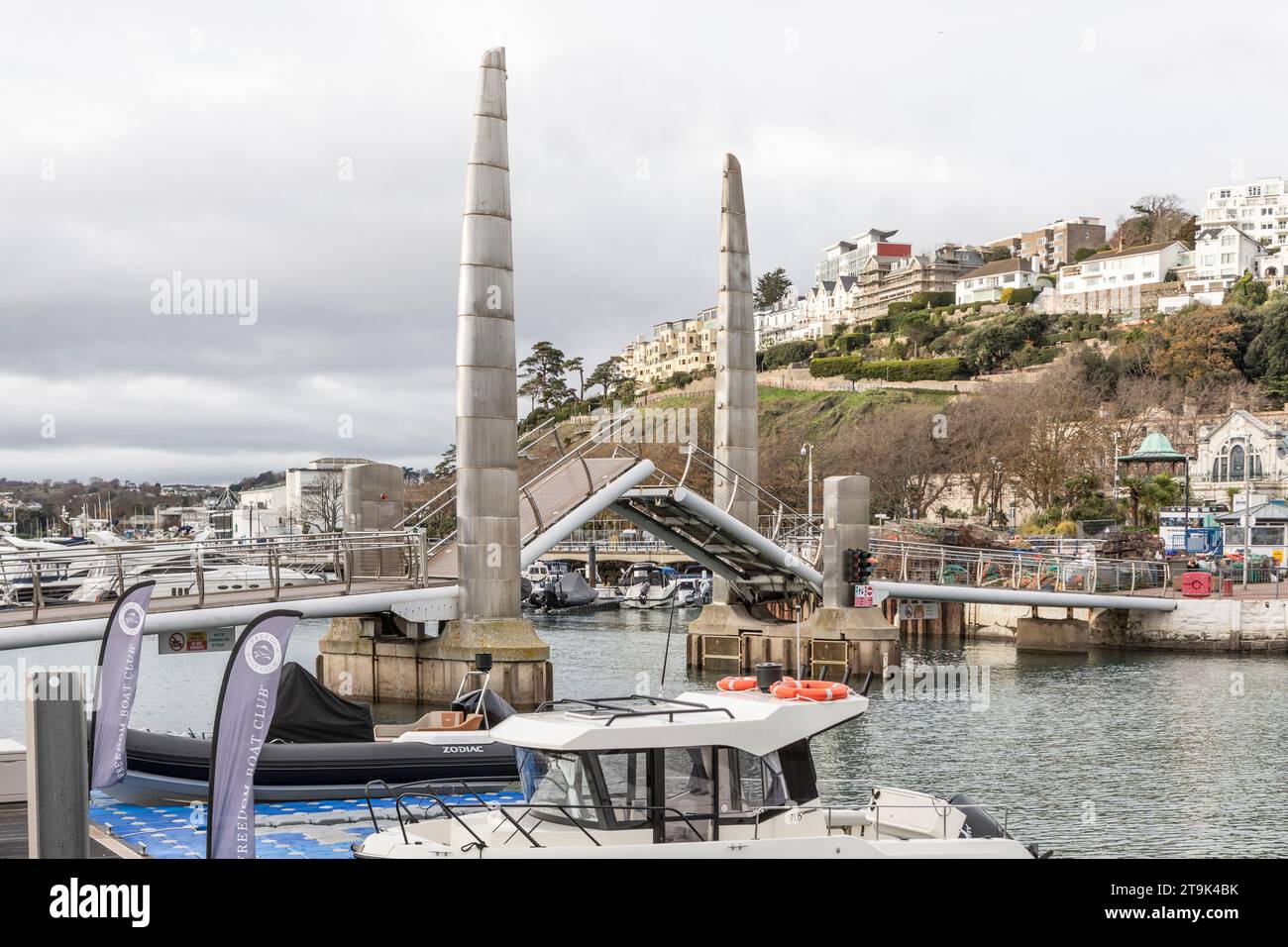 The 2003 double bascule foot bridge in Torquay Harbour which links the ...