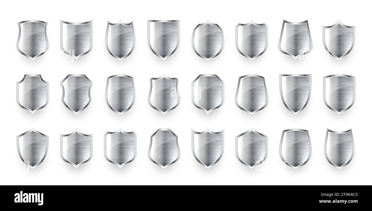 Set of various vintage 3d metal shield icons. Shiny steel heraldic ...