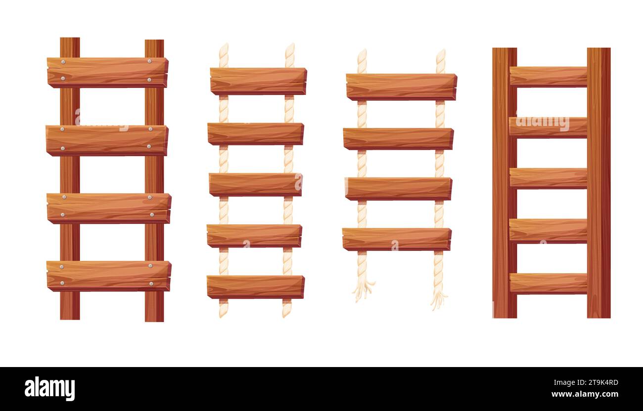 Set Wooden ladder with rope, planks hanging, staircase in cartoon style ...