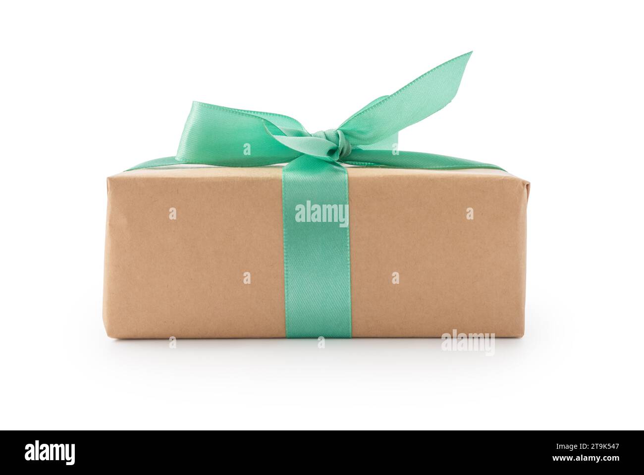 Brown paper gift box with emerald color ribbon isolated on white ...