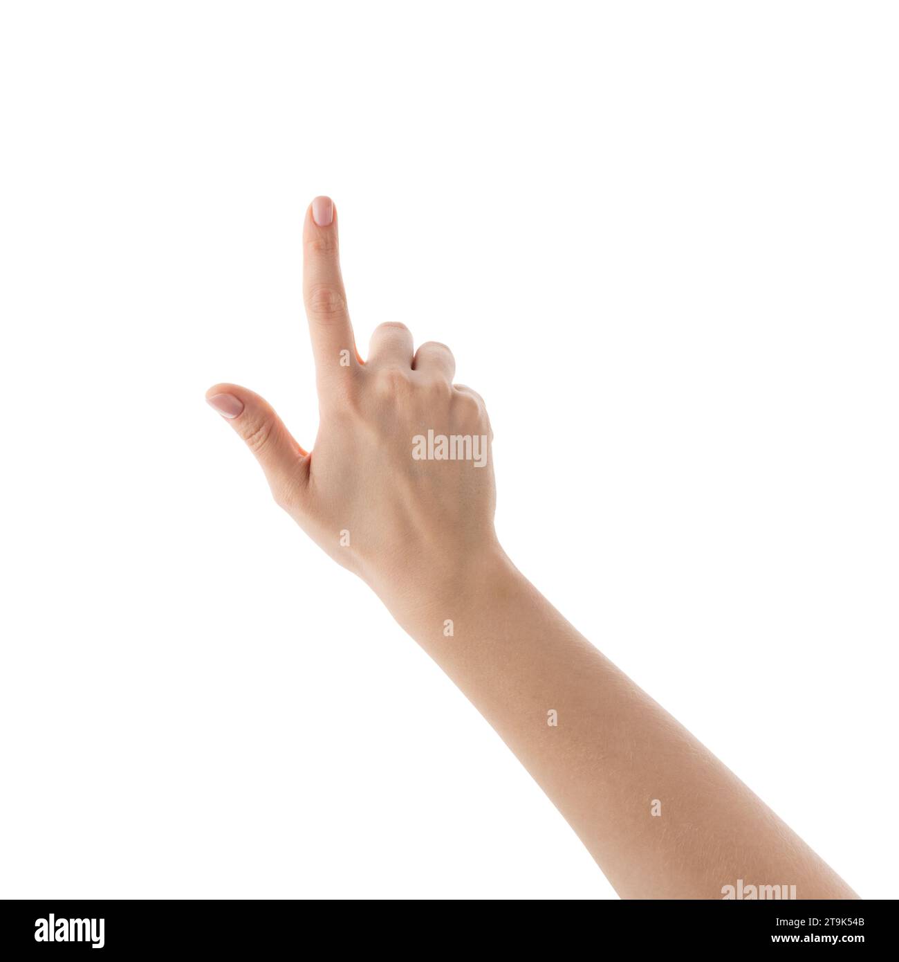 Young woman hand touch gesture for screen or something similar isolated ...