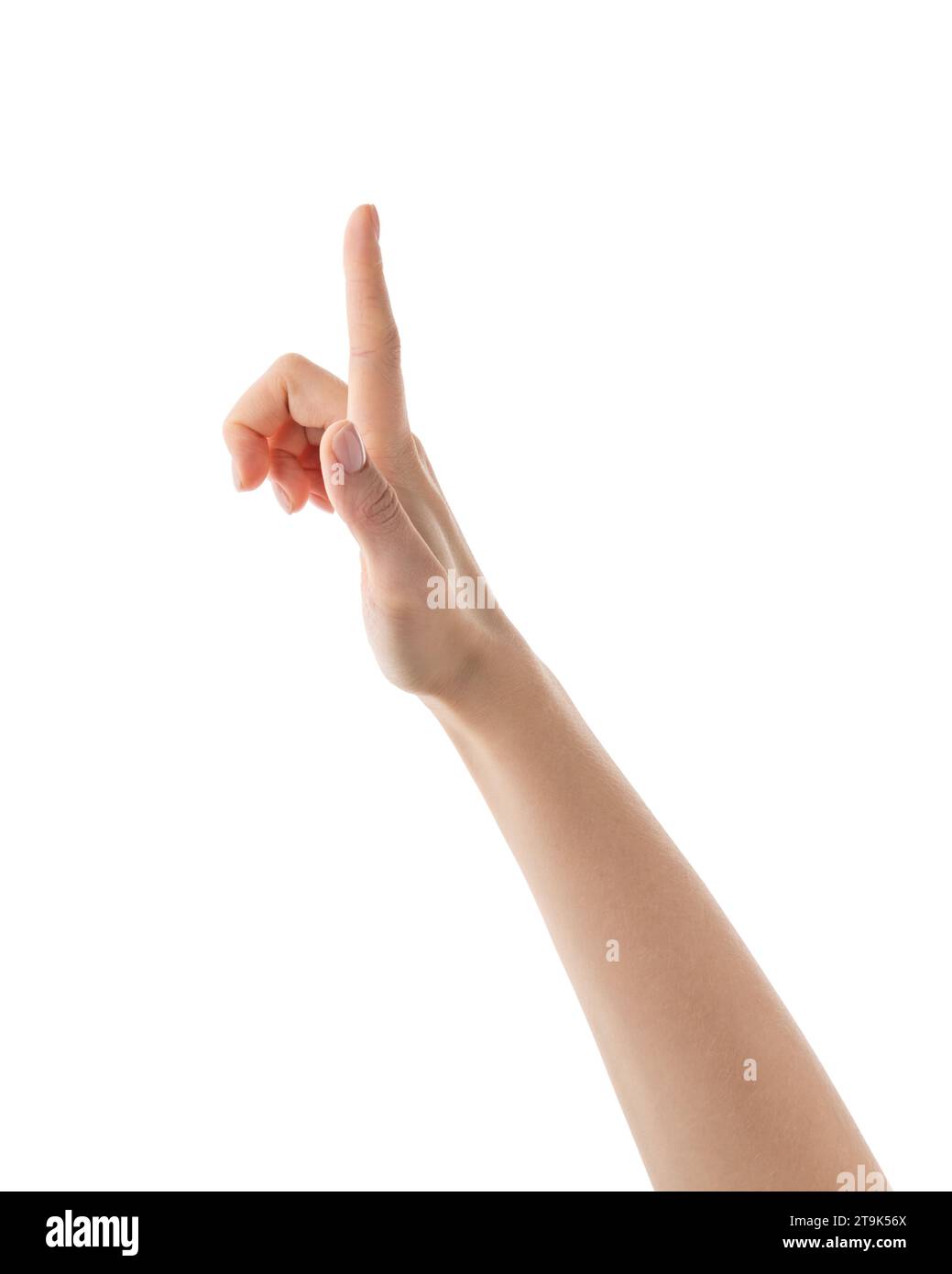 Young woman hand touch gesture for screen or something similar side ...