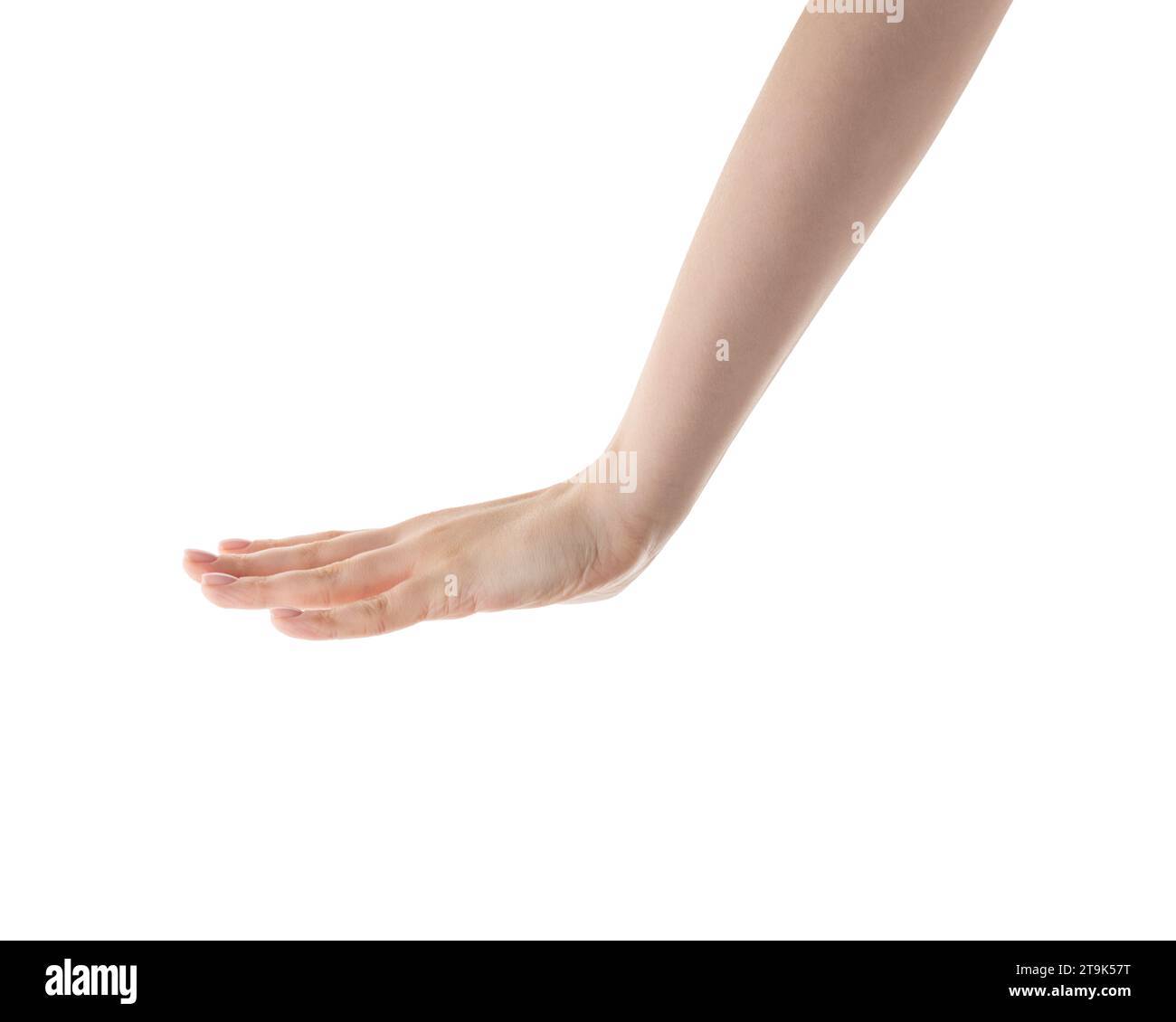 Young woman hand press on something with flat palm isolated on white ...