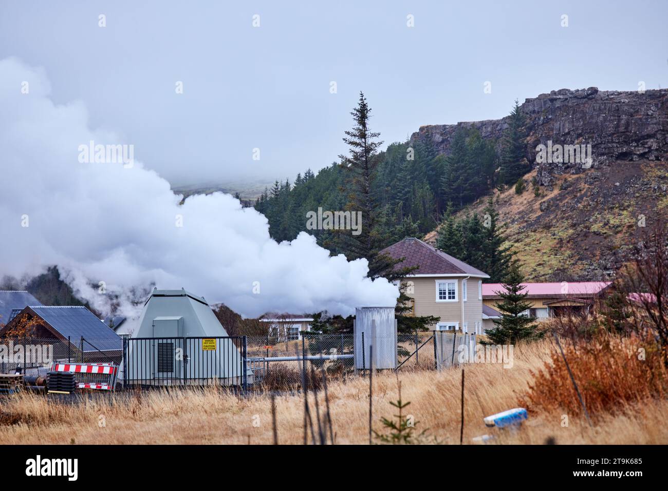 Iceland geothermally active village Hveragerði with steam poring from ...