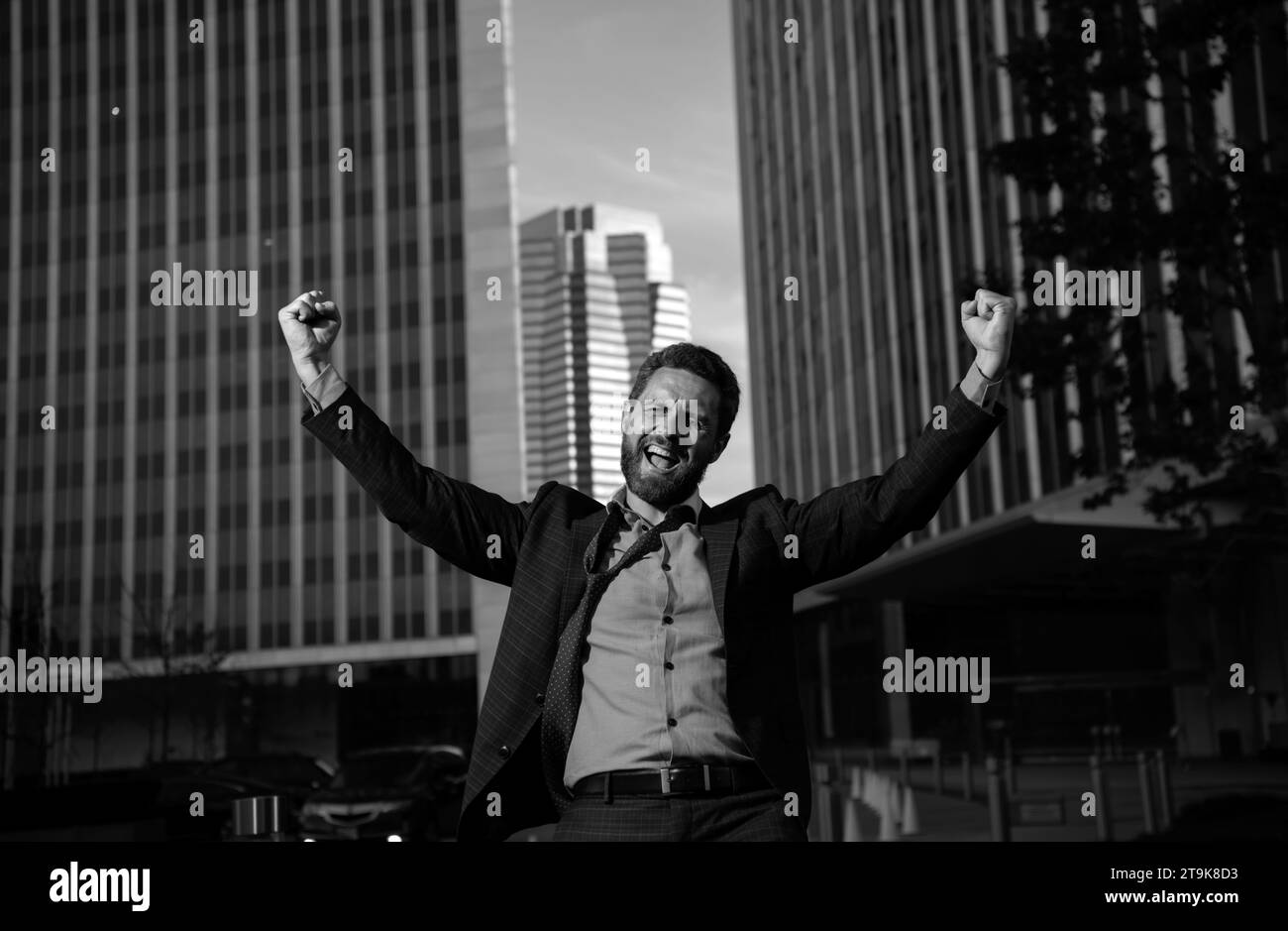 Overworked excited business man. Hard business work Stock Photo - Alamy