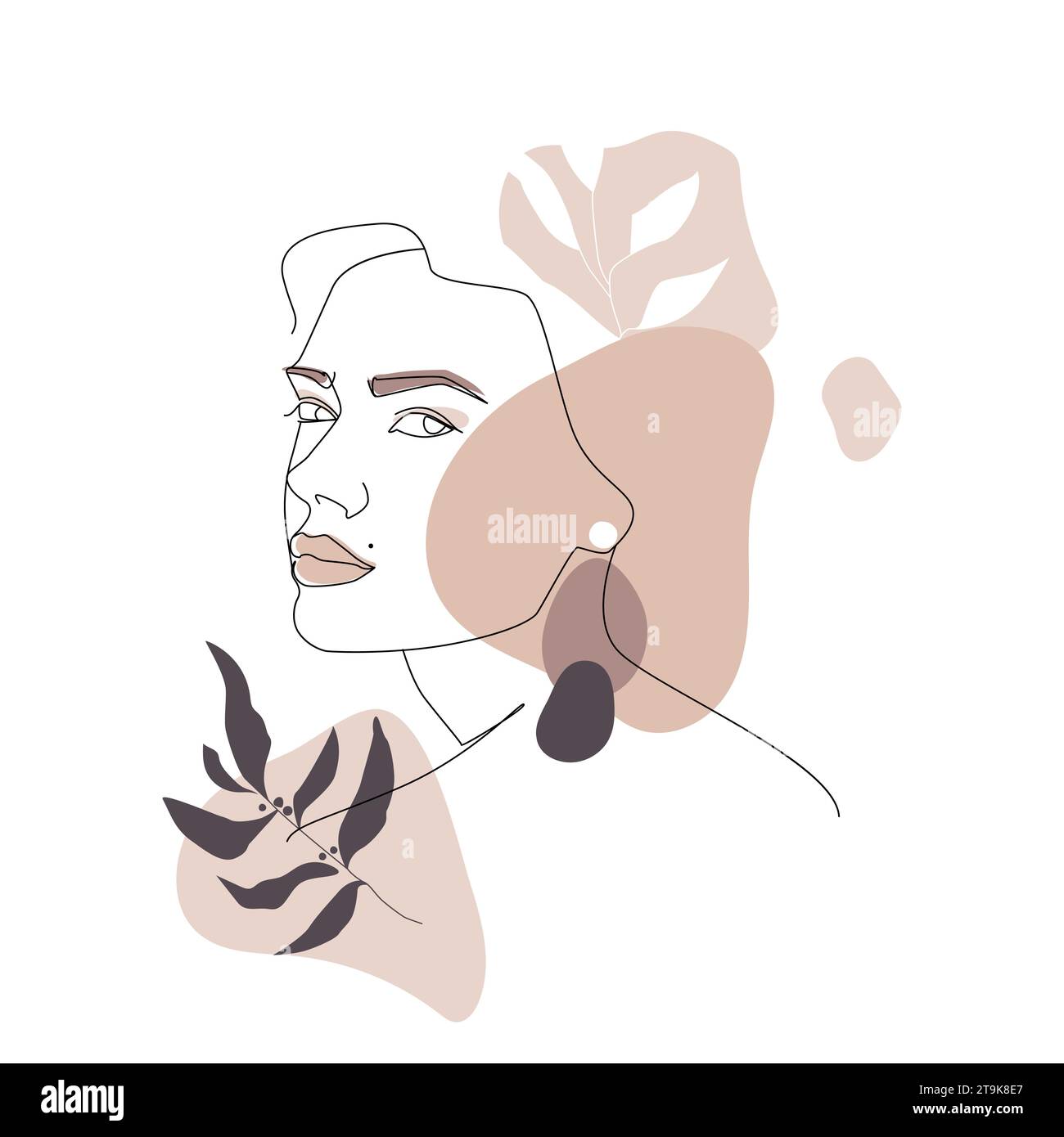 One line abstract woman portrait with plants in minimalistic style ...