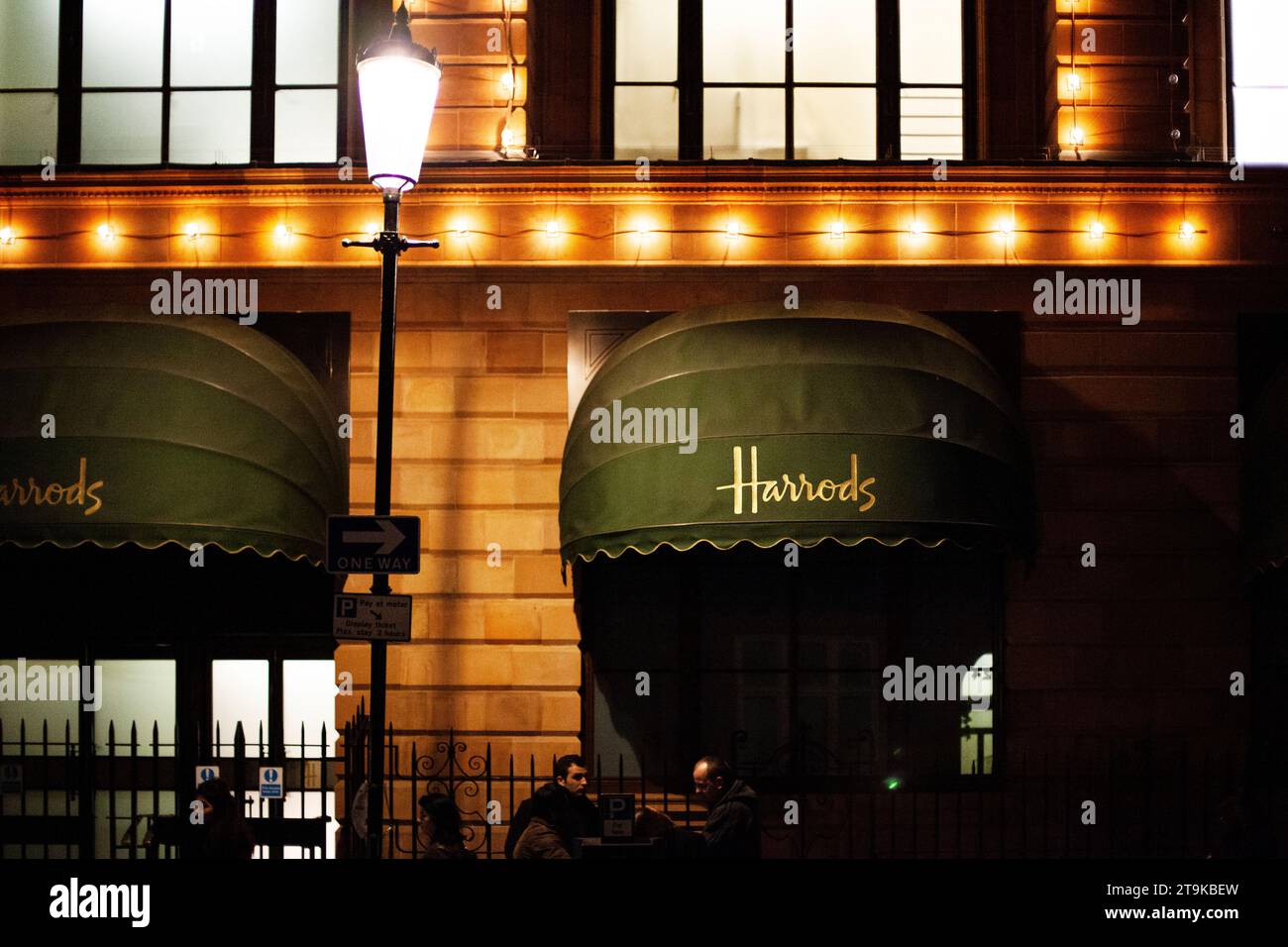 Harrods green window canopy in Knightsbridge central London Stock Photo ...