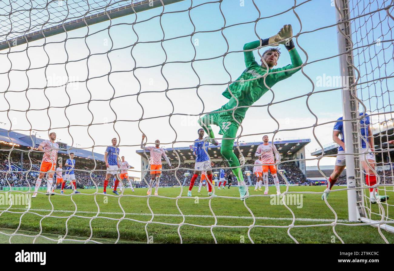 Portsmouth, UK. 25th Nov, 2023. Blackpool goalkeeper Daniel Grimshaw ...