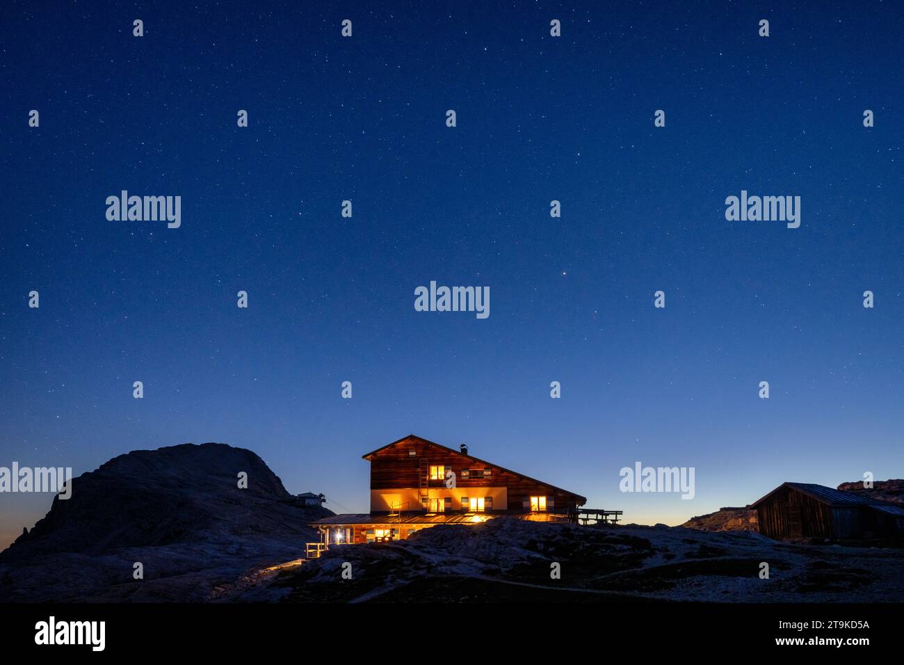 Dusk at Rifugio Rosetta hut, near San Martino di Castrozza, Italy Stock ...