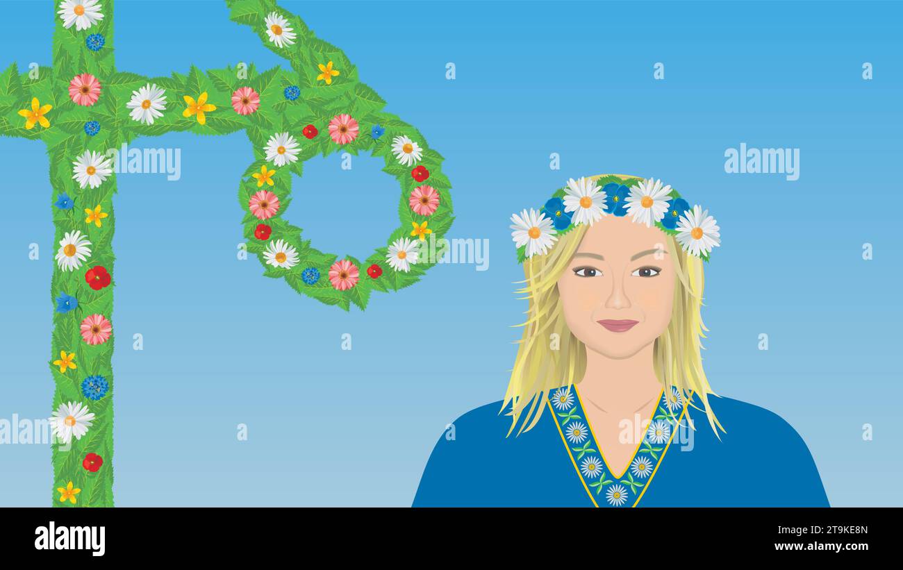 Swedish traditional girl at maypole at midsummer. Dimension 16:9 ...