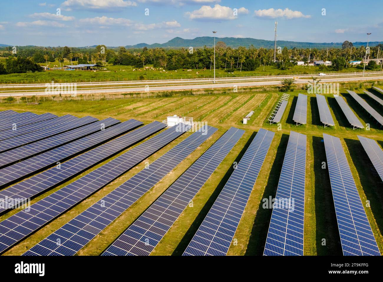 Sun power solar panel field in Thailand in the evening light alongside ...
