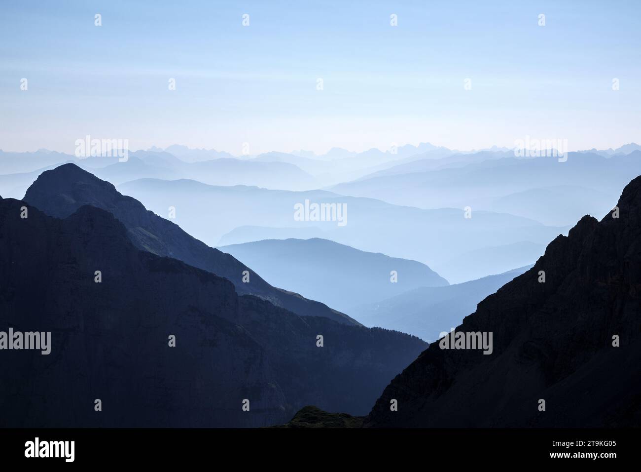 Mountain profiles, layers. Trentino mountain peaks. Italian Alps ...