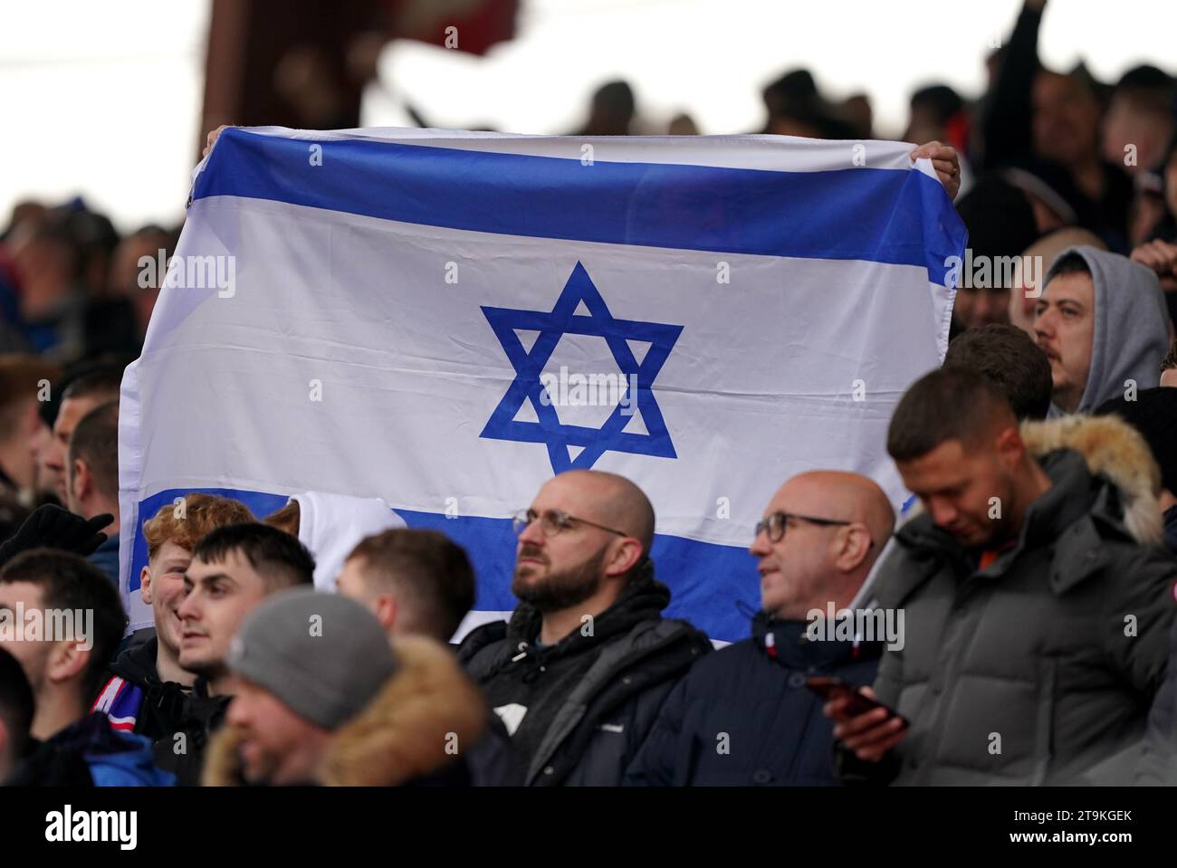 An Israel flag is held up in the stands during the cinch Premiership ...