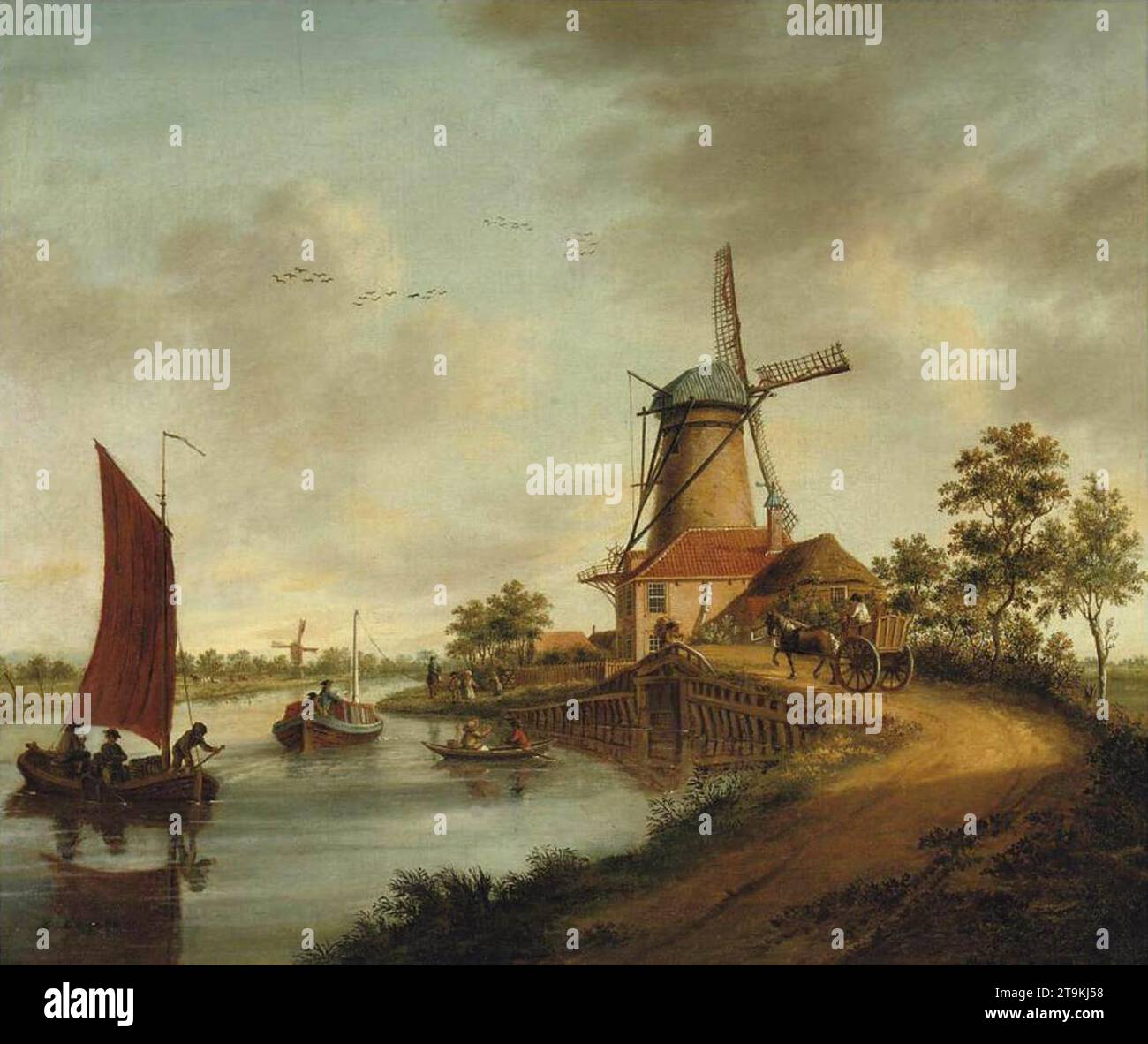 View of a Trekschuit (tug boat) and Windmill along the Vliet 1756 by ...