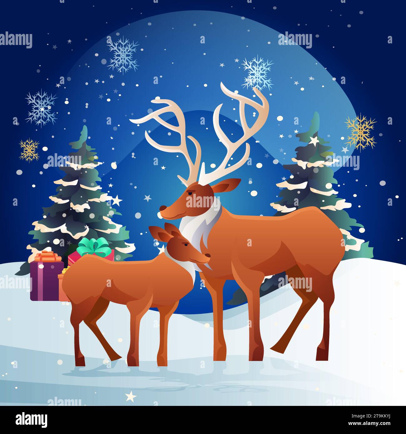 two reindeers standing on snowy mountain happy new year holiday ...