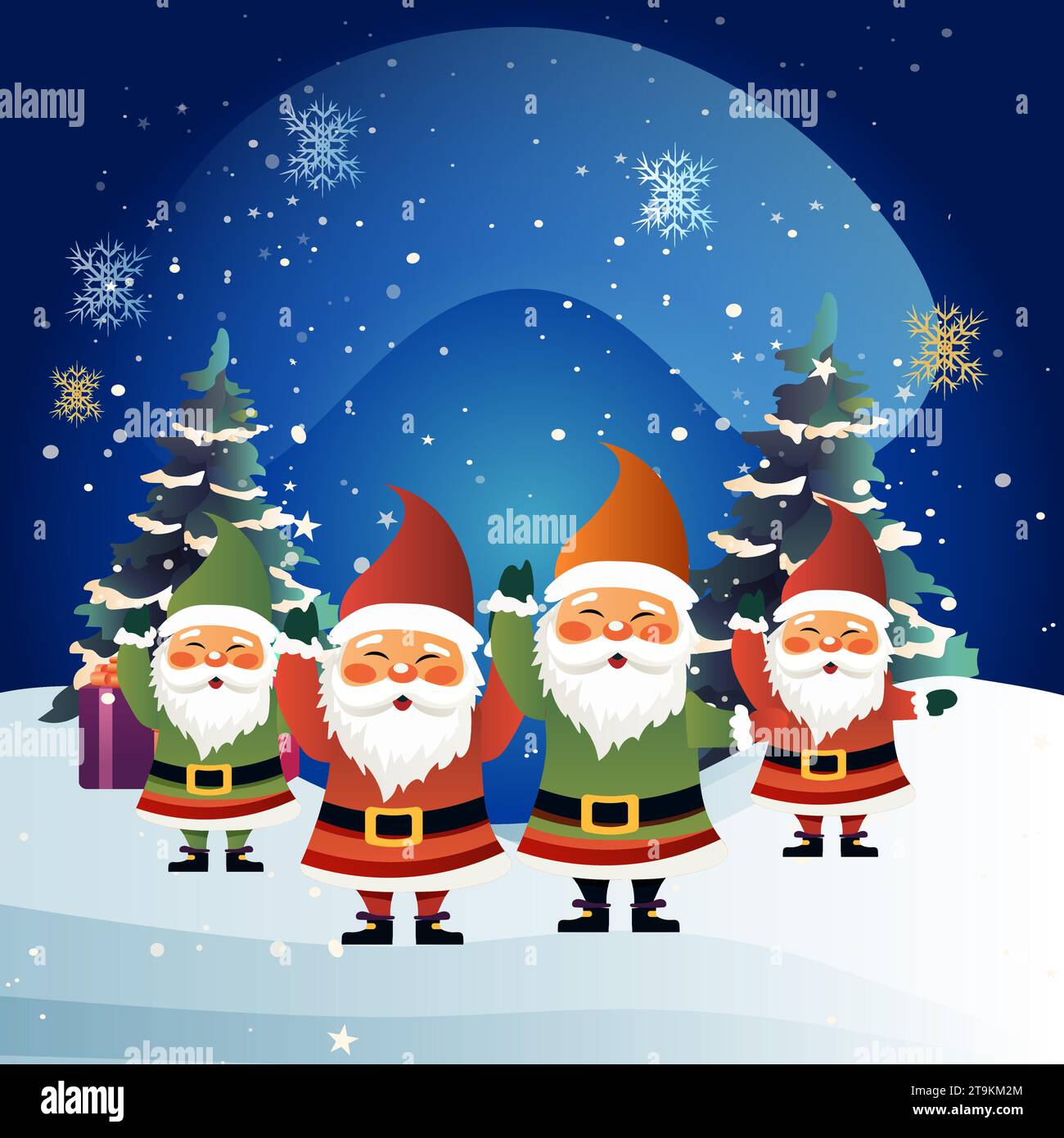 santa clauses in costumes standing together near snowy fir trees ...