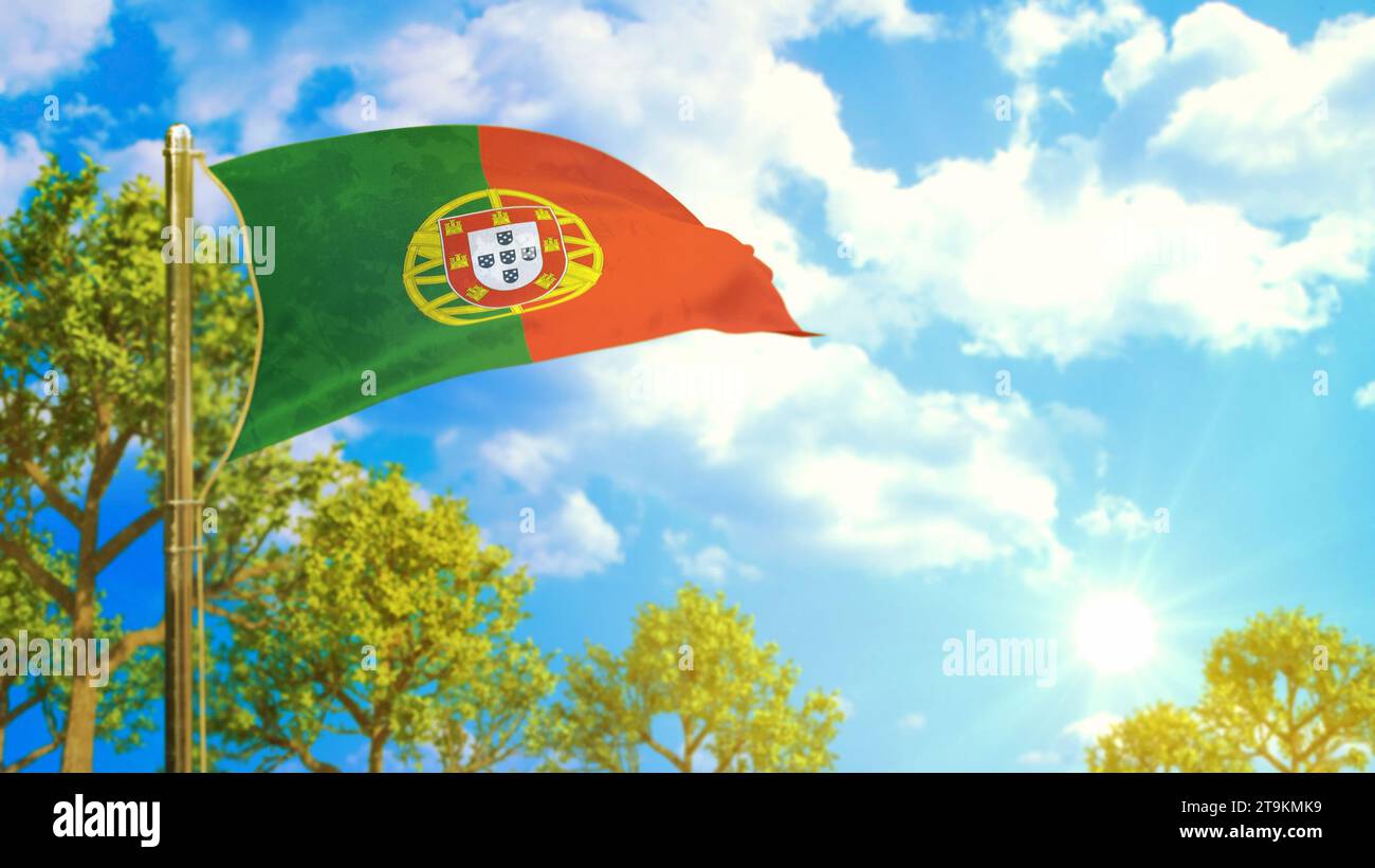 flag of Portugal at sunny day, comfort temperature symbol - nature 3D ...