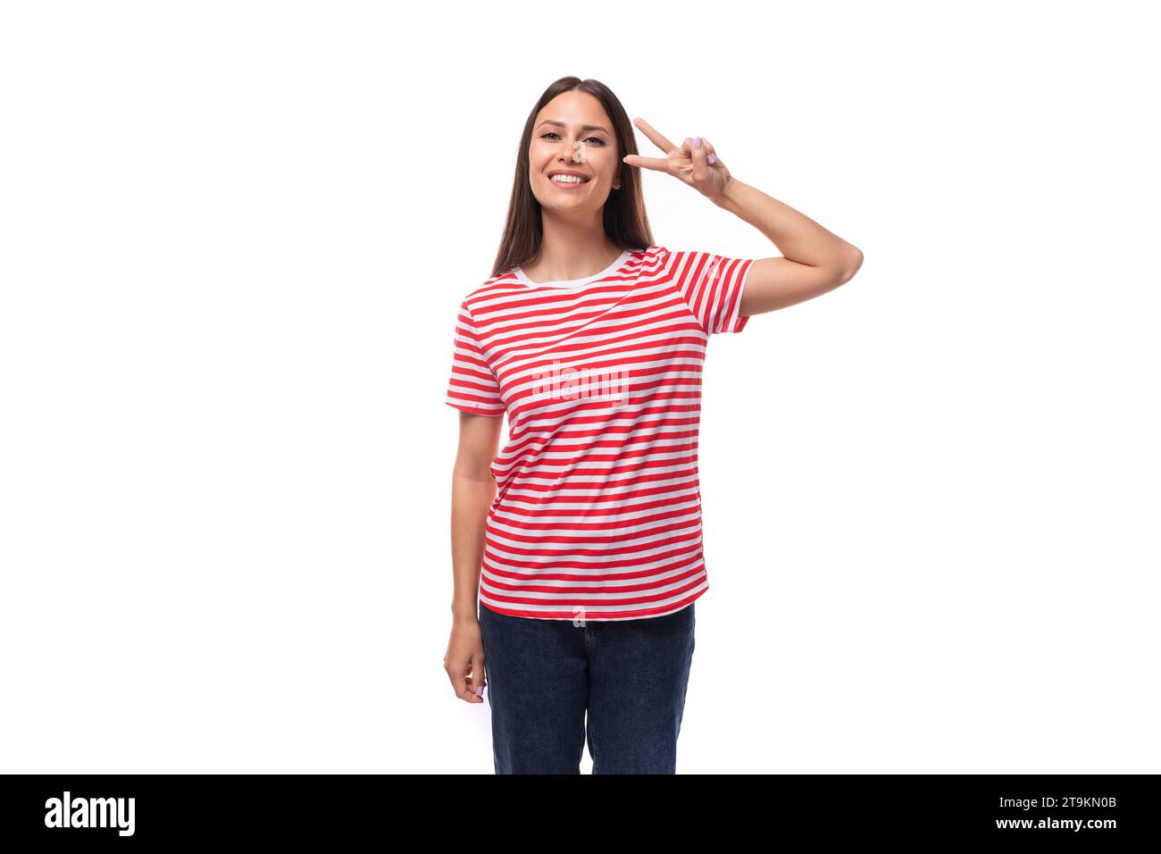 charming pretty 35 year old european lady in a red striped t-shirt on a ...