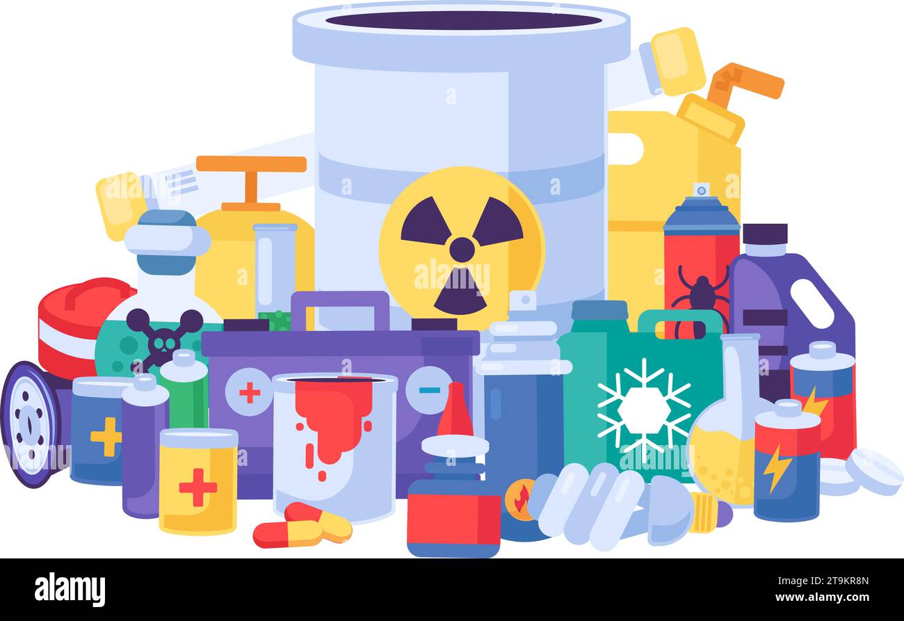 Old flammable substances containers piled up in big pile. Heap of ...