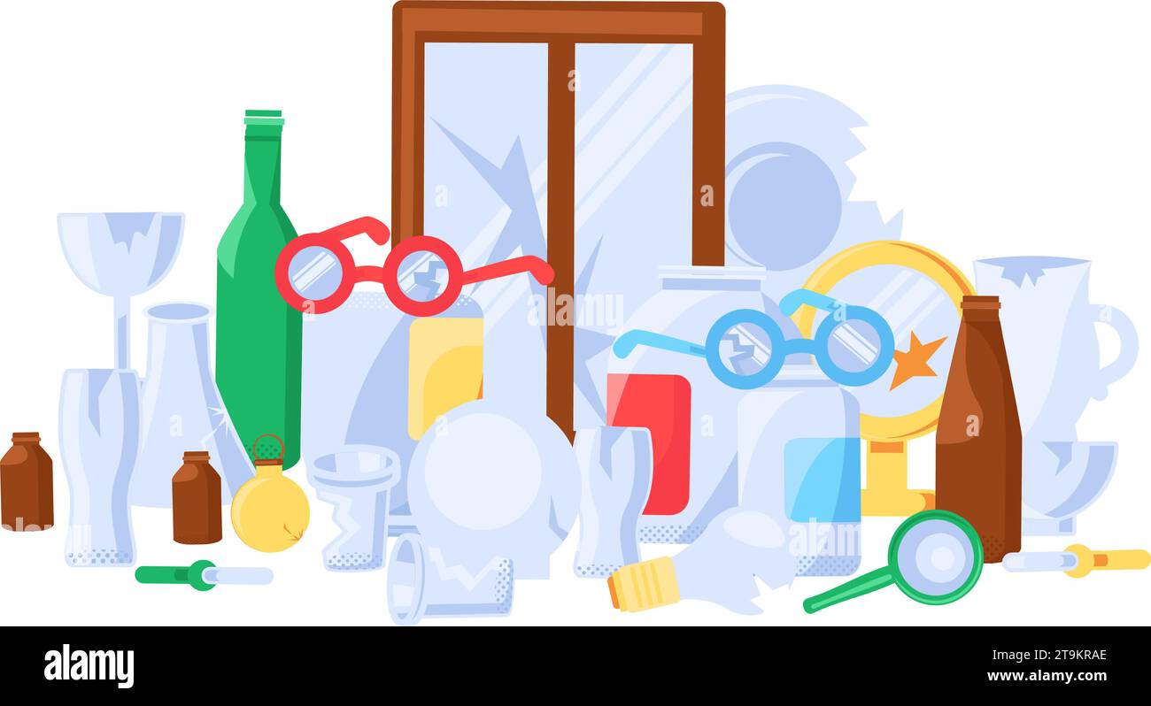 Shattered unwanted cracked objects piled up in big pile. Heap of old ...