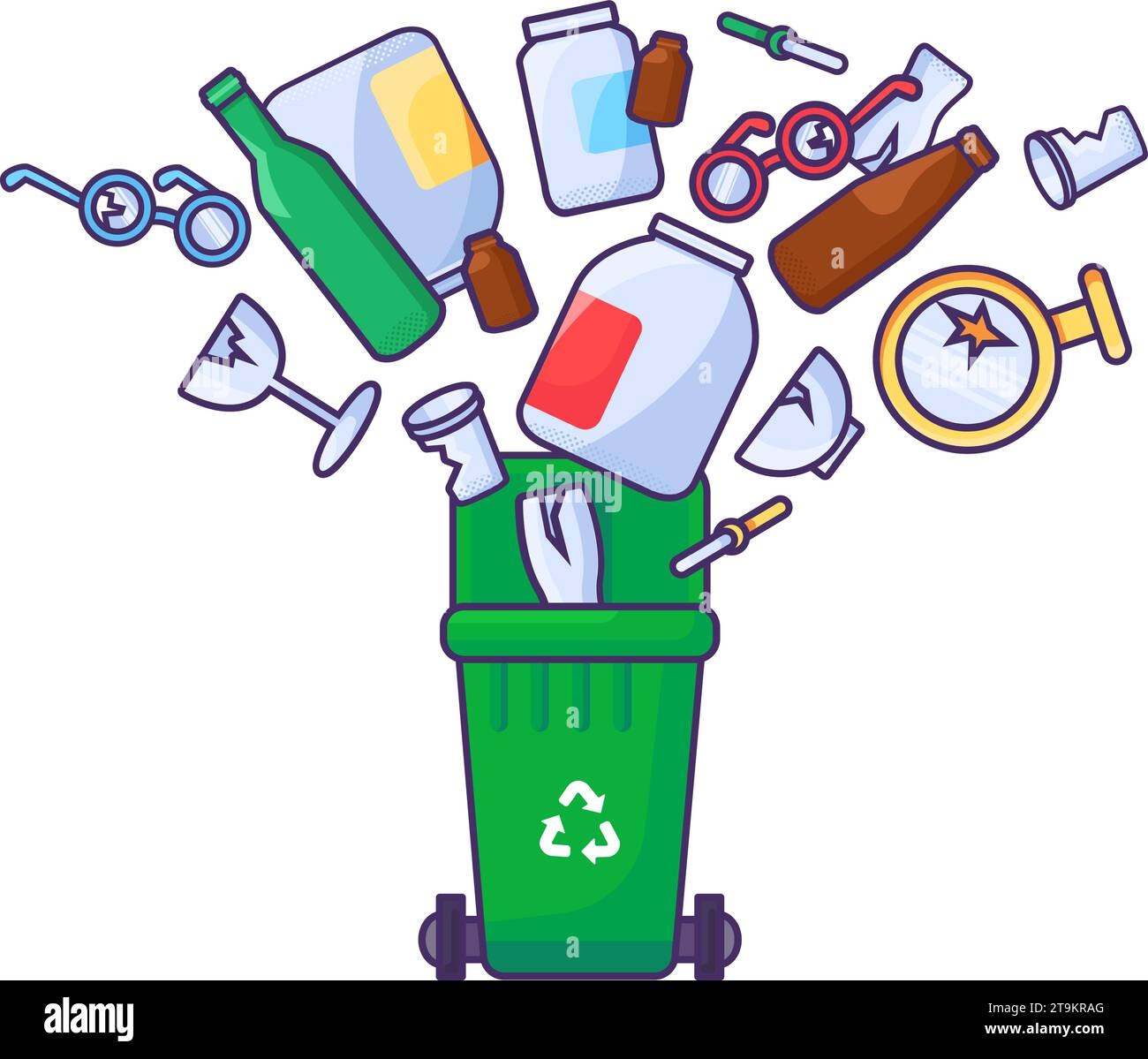 Old unwanted broken glass bottles fall into open trash can. Heap of ...