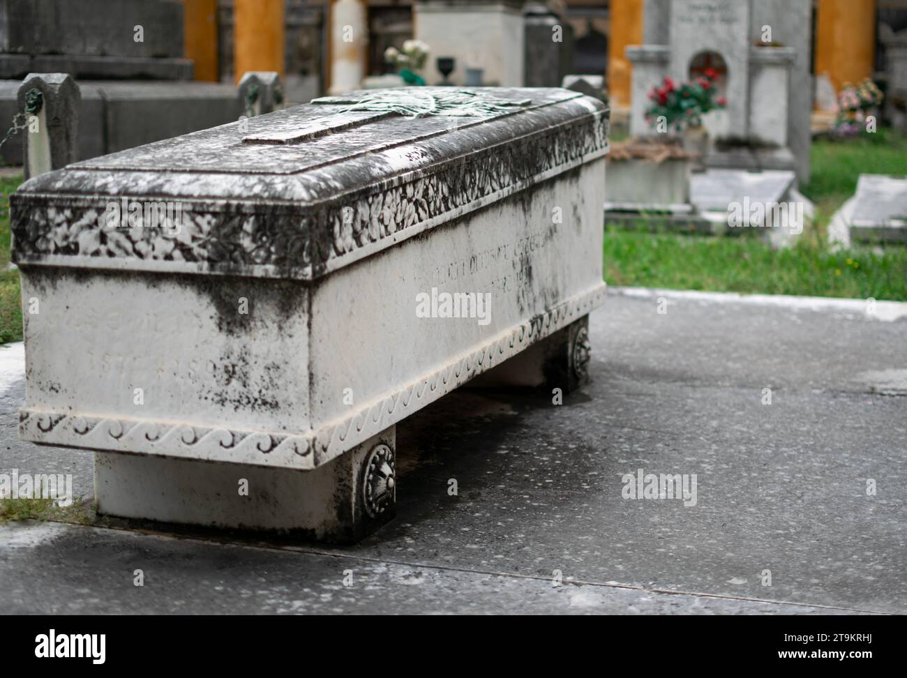 Ancient Coffin Carved in Stone with blurred background of cemetery and ...