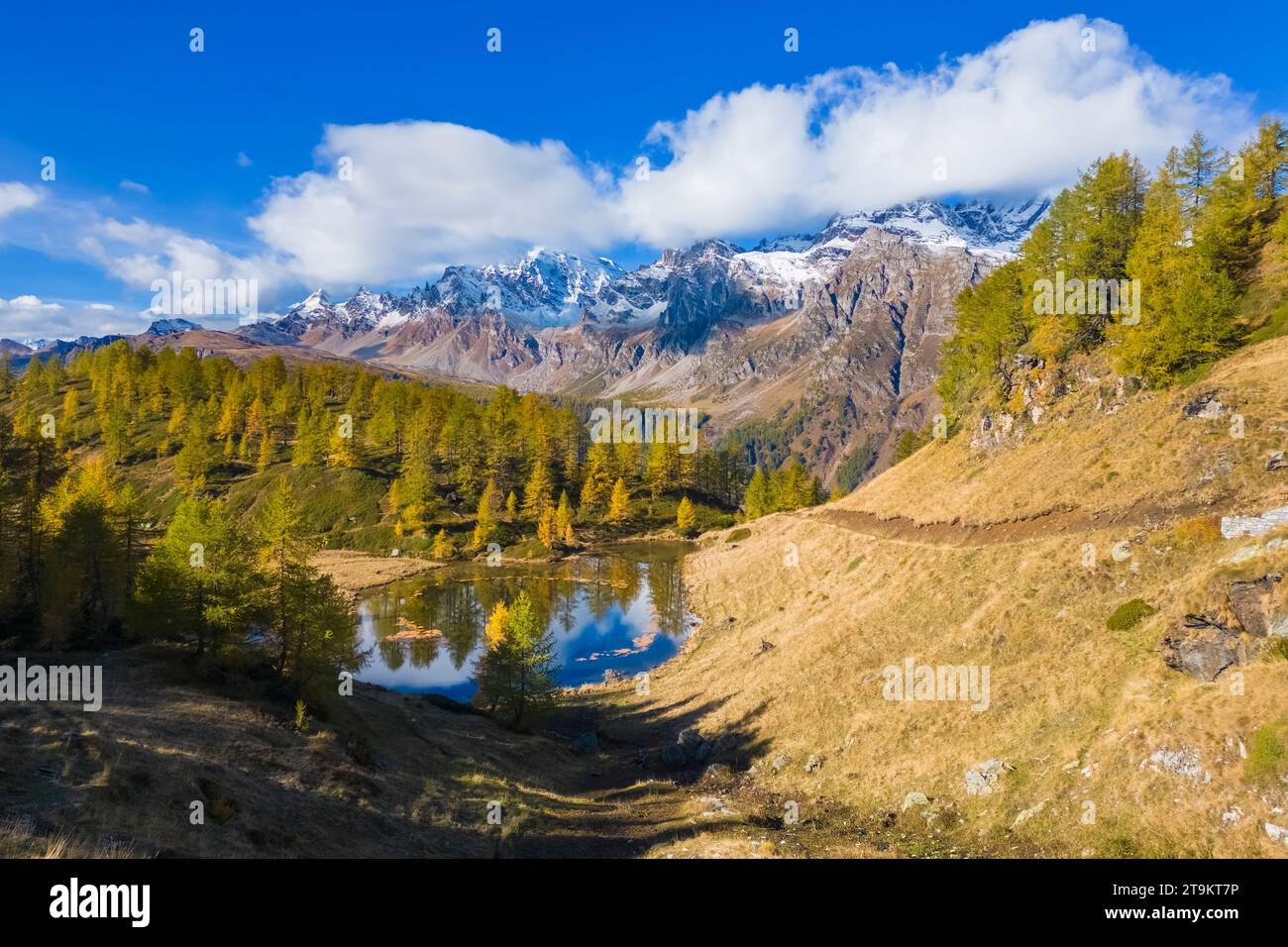 Aerial view in autum of the mountains surrounding Alpe Devero from Lago ...