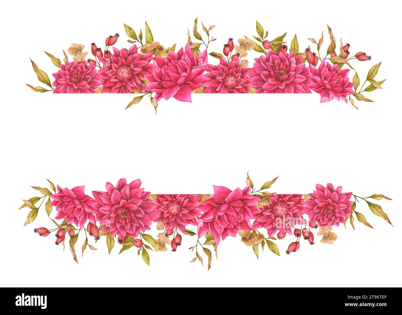 Floral frame, horizontal border of dahlias, foliage, dried flowers and ...