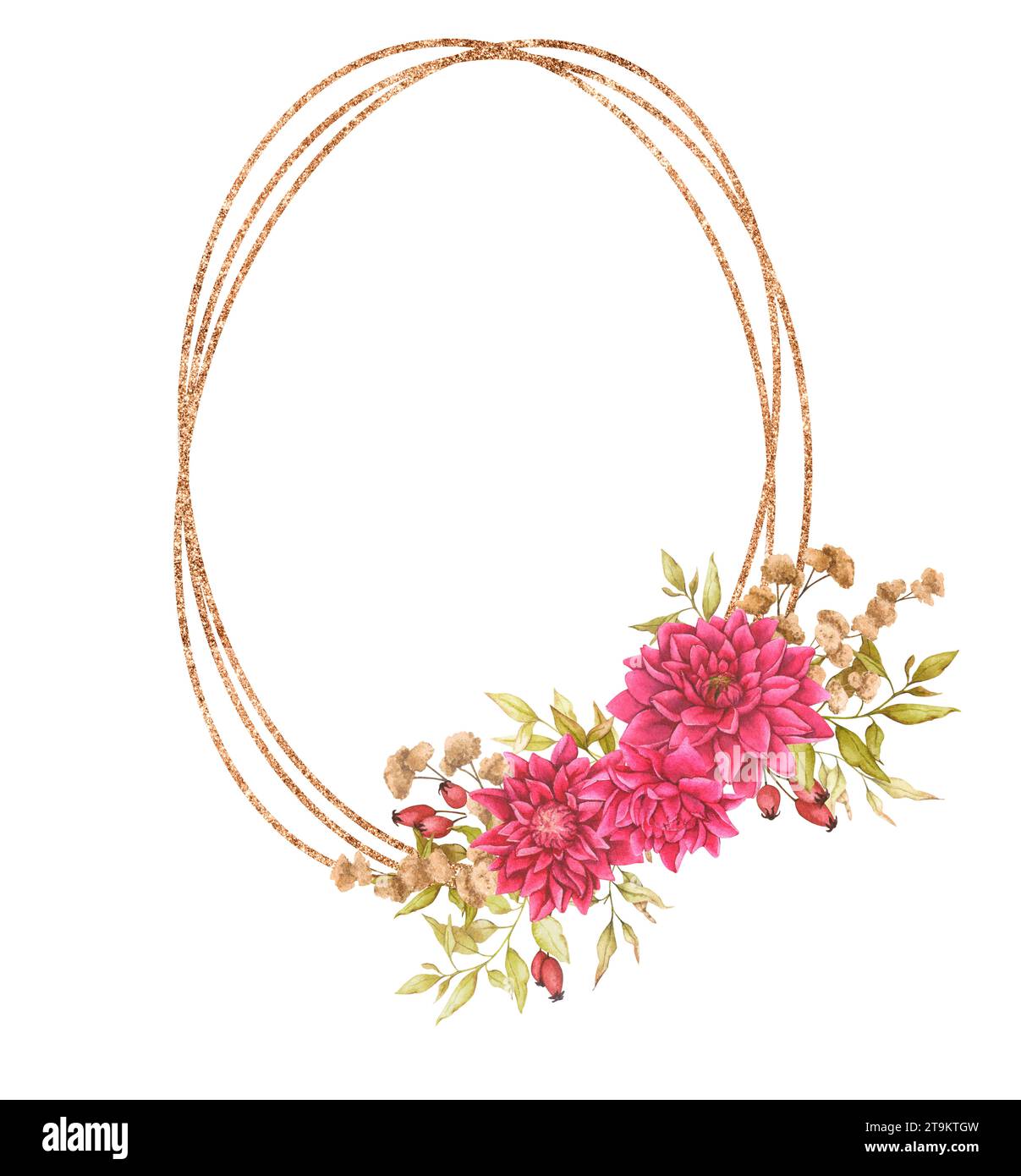 Golden oval floral frame made of dahlias, foliage, dried flowers and ...