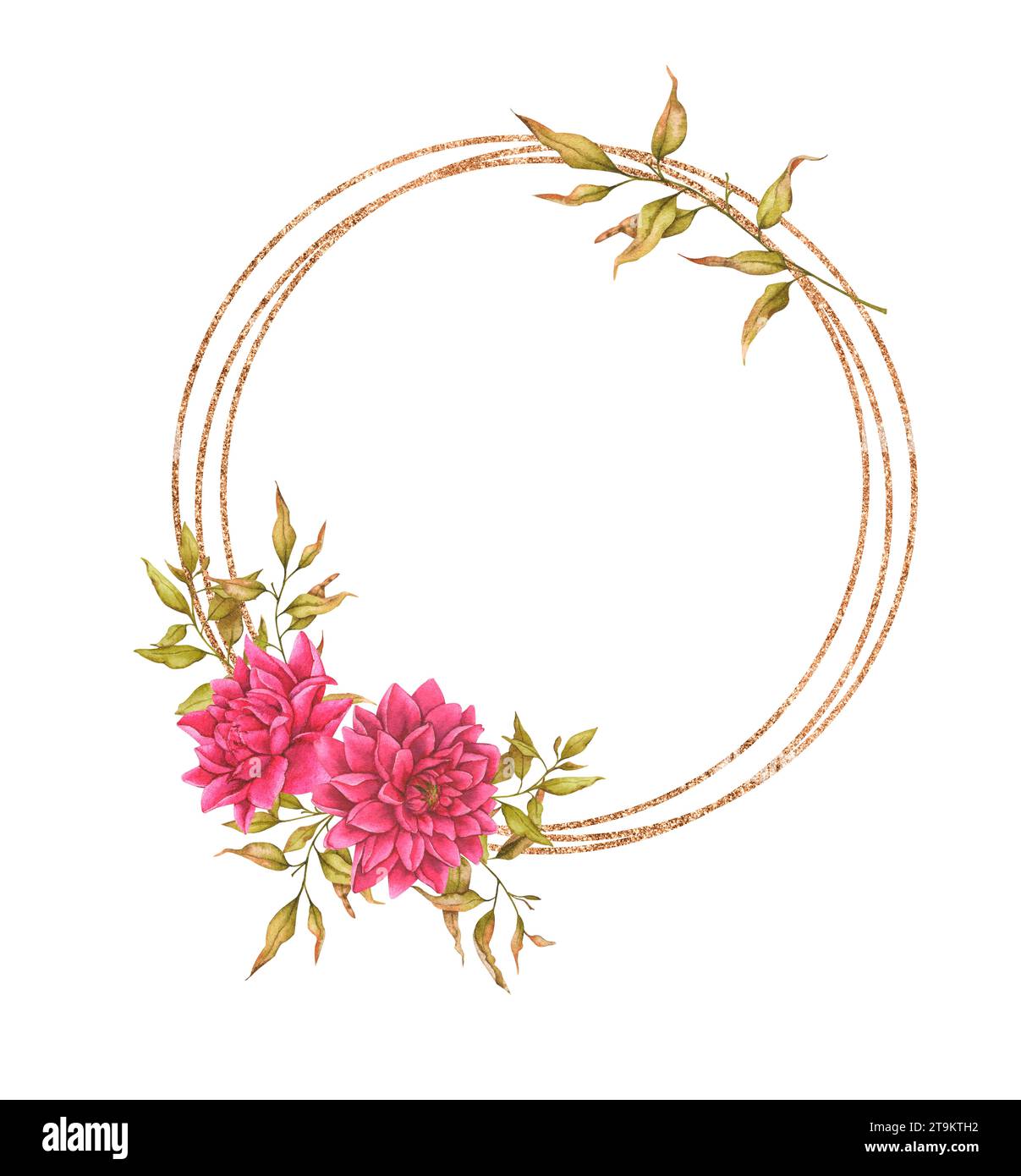 Golden round floral frame made of dahlias, foliage, dried flowers and ...