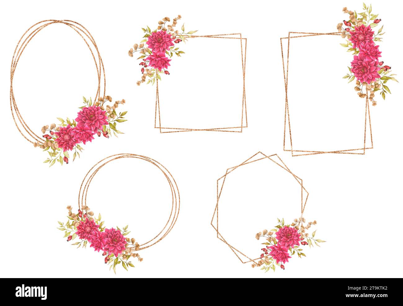 Set of golden floral frames made of dahlias, foliage, dried flowers and ...