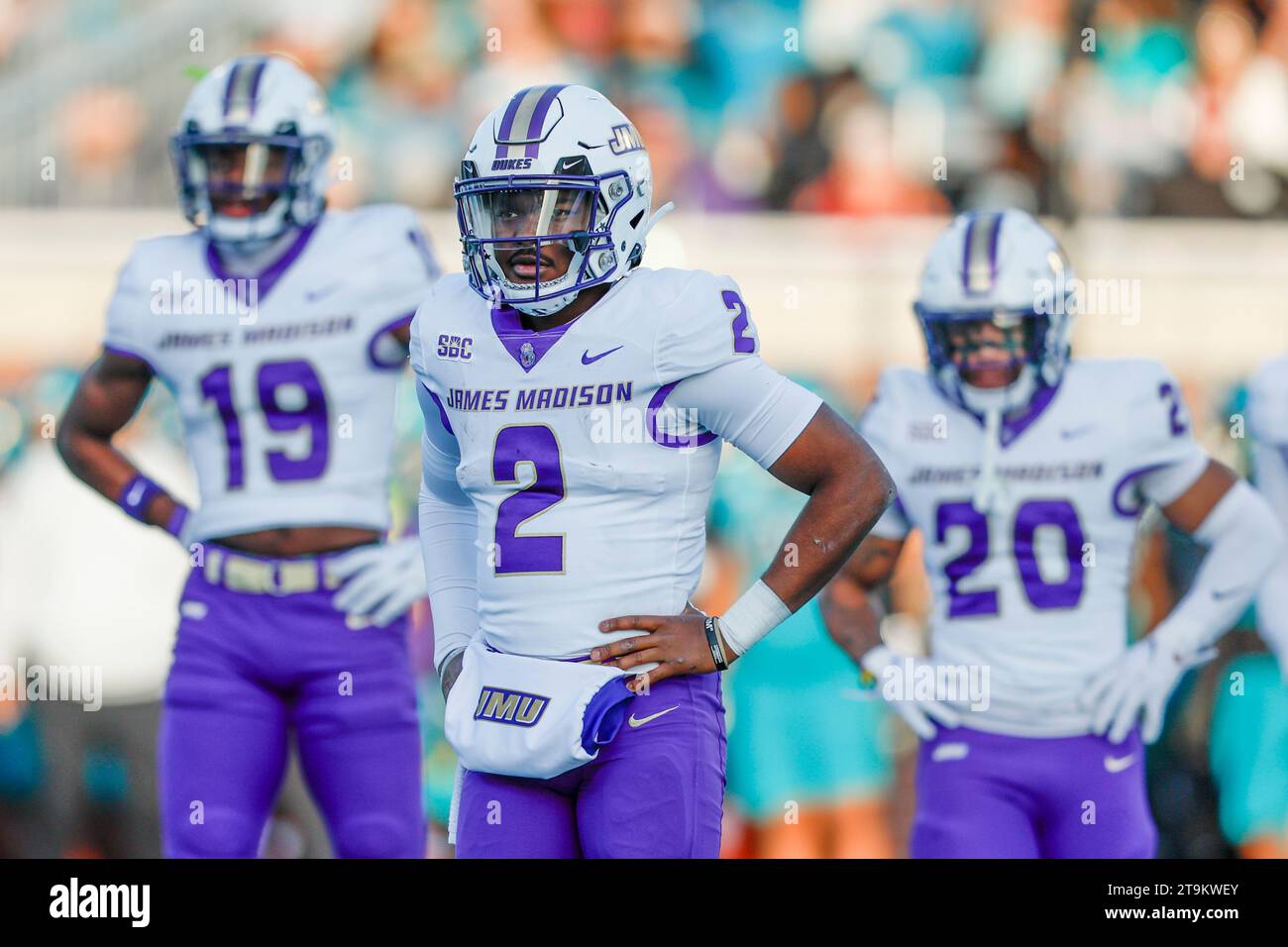 James Madison quarterback Jordan McCloud (2) looks to the sidelines ...