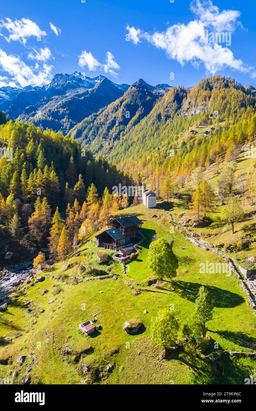 Aerial view of the Peccia, a small walser village in Val Vogna, Riva ...