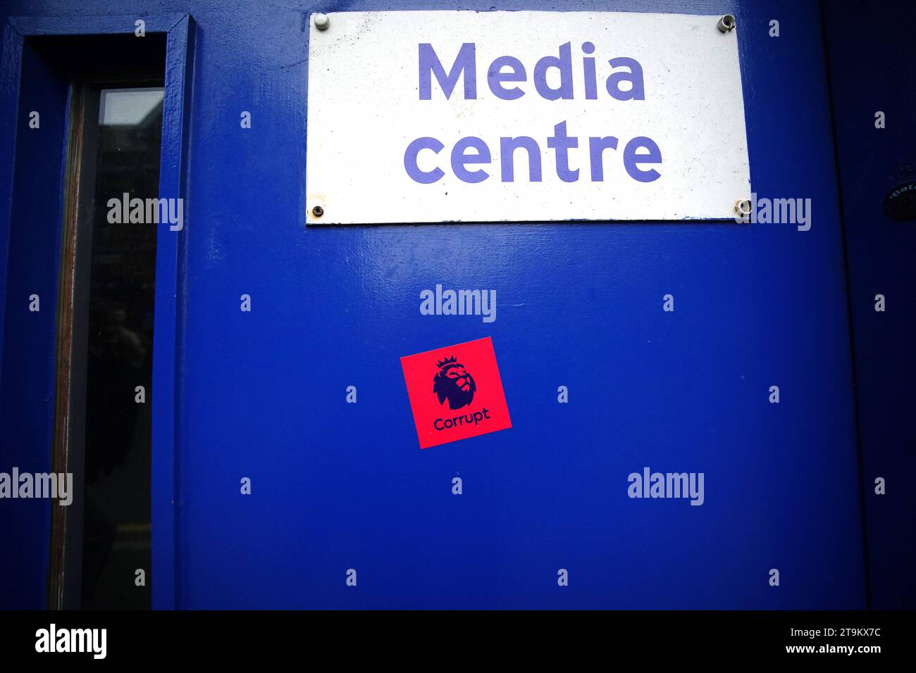 A "Corrupt" sticker outside the ground before the Premier League match ...